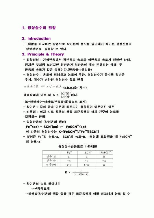 [일반화학실험] 평형상수의 결정 : 색깔을 비교하는 방법으로 착이온의 농도를 알아내어 착이온 생성반응의 평형상수를 결정할 수 있다
