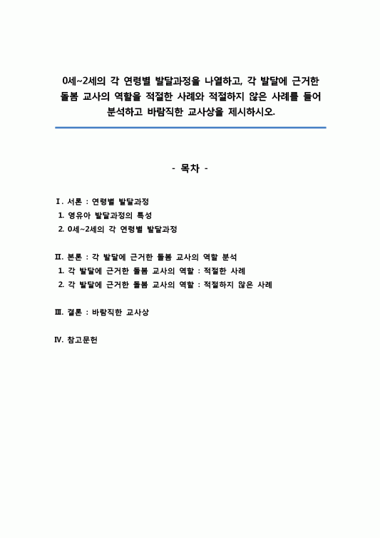 영유아 발달과정의 특성과 0세~2세의 각 연령별 발달과정을 나열하고, 각 발달에 근거한 돌봄 교사의 역할을 적절한 사례와 적절하지 않은 사례를 들어 분석하고 바람직한 교사상을 제시하시오.