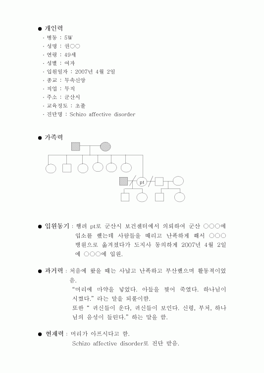 [정신간호학][Schizophrenia][정신분열증] 케이스 스터디(Case Study) 레포트