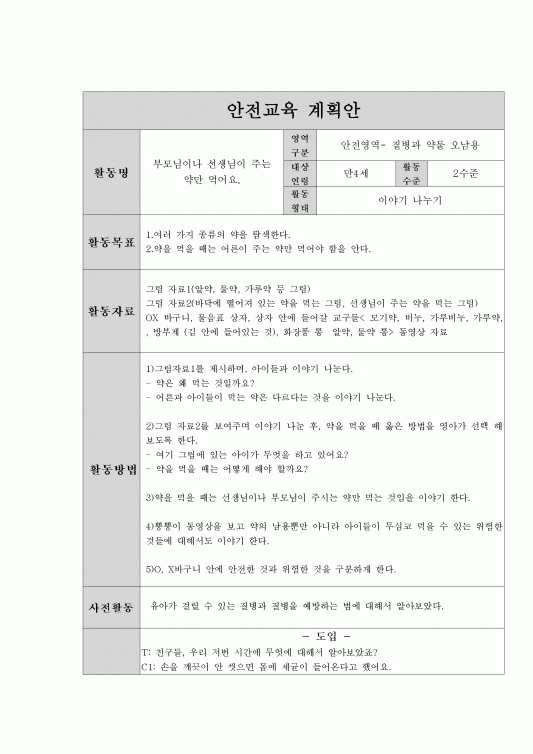 [아동교육 ] 만4세 <안전영역- 질병과 약물 오남용 안전교육 계획안> 활동명 : 부모님이나 선생님이 주는 약만 먹어요 / 영역구분 : 안전영역- 질병과 약물 오남용