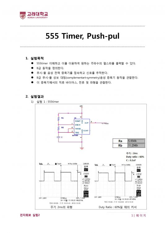 [전자회로실험] (결과) 555 Timer, Push-pul(푸시-폴) : 555timer 펄스파 출력, B급 동작 정의,  신호 추적, B급 푸시-폴 상보 대칭 음성 증폭기 동작을 관찰, 직류 바이어스, 전류 및 파형을 관찰
