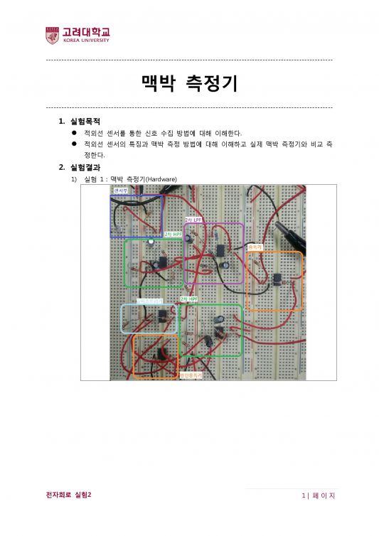 [전자회로실험] (결과) 맥박 측정기 : 적외선 센서를 통한 신호 수집 방법에 대해 이해, 적외선 센서의 특징과 맥박 측정 방법에 대해 이해하고 실제 맥박 측정기와 비교 측정한다.