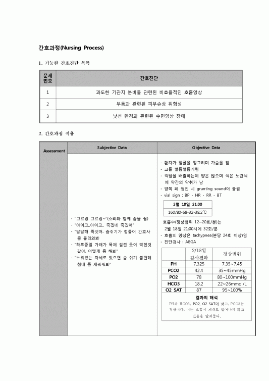 폐렴 간호과정(Pneumonia Nursing Process) 2개 (과도한 기관지 분비물과 관련된 비효율적인 호흡양상 & 부동과 관련된 피부손상 위험성)