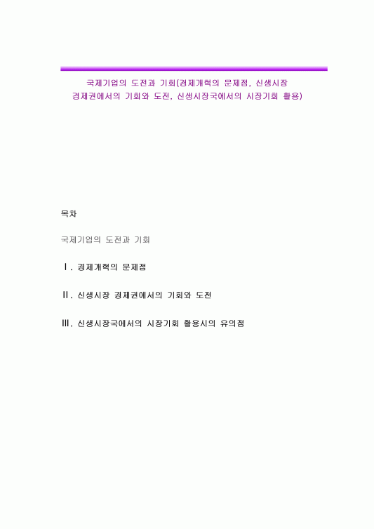 국제기업의 도전과 기회 (경제개혁의 문제점, 신생시장 경제권에서의 기회와 도전, 신생시장국에서의 시장기회 활용)