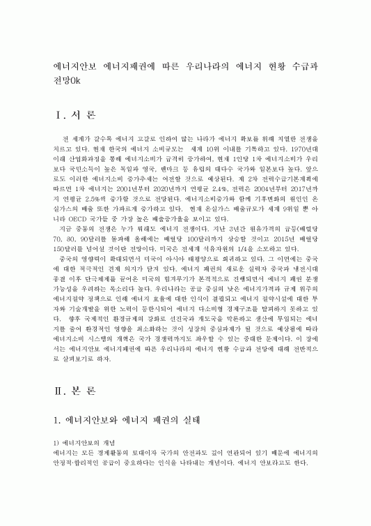 에너지안보 에너지패권에 따른 우리나라의 에너지 현황 수급과 전망