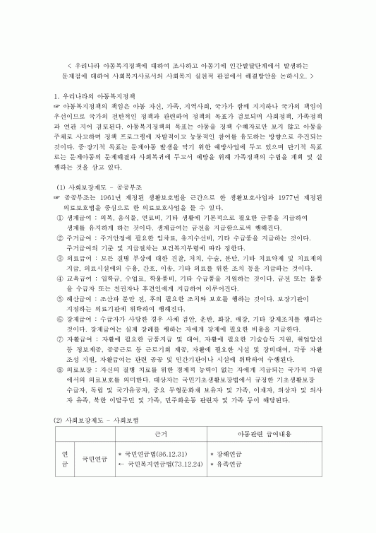 인간행동과 사회환경 - 우리나라 아동복지정책에 대하여 조사하고 아동기에 인간발달단계에서 발생하는 문제점에 대하여 사회복지사로서의 사회복지 실천적 관점에서 해결방안을 논하시오