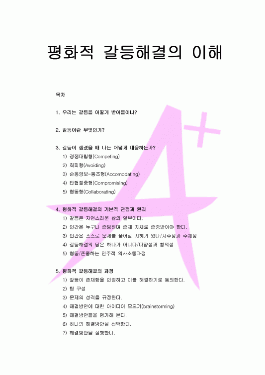 평화적 갈등해결의 이해 (갈등의 개념, 갈등대응방법 및 종류, 평화적 갈등해결의 기본적 관점과 원리, 평화적 갈등해결의 과정)