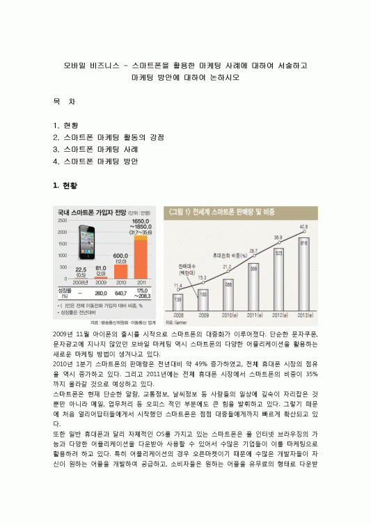 [모바일 비즈니스] 스마트폰을 활용한 마케팅 사례에 대하여 서술하고 마케팅 방안에 대하여 논하시오