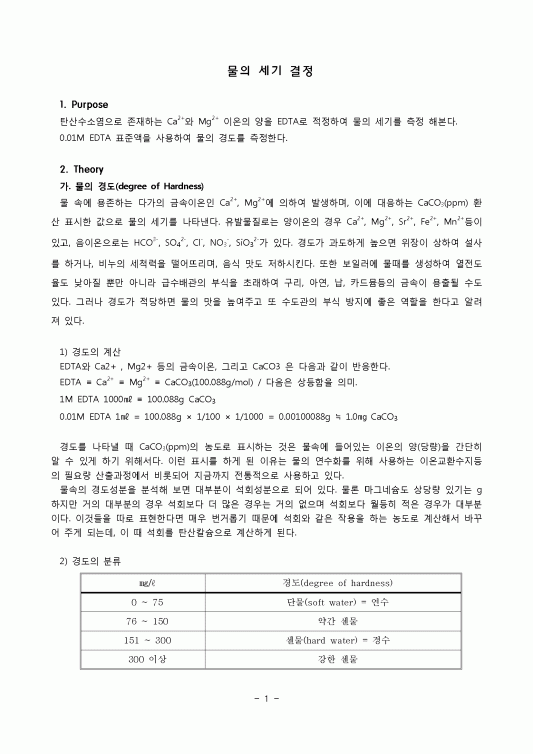[일반화학실험] 물의 세기 결정 : 탄산수소염으로 존재하는 Ca2+와 Mg2+ 이온의 양을 EDTA로 적정하여 물의 세기를 측정 해본다. 0.01M EDTA 표준액을 사용하여 물의 경도를 측정한다.