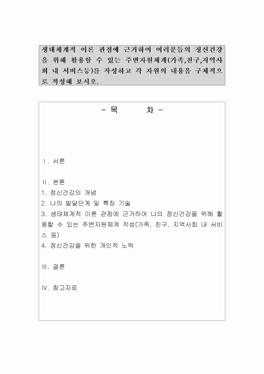 생태체계적 이론 관점에 근거하여 여러분들의 정신건강을 위해 활용할 수 있는 주변자원체계(가족,친구,지역사회 내 서비스등)를 작성하고 각 자원의 내용을 구체적으로 적성해 보시오.