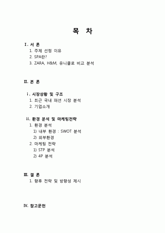 SPA란,ZARA, H&M, 유니클로 비교 분석,국내패션시장,패션마케팅,브랜드마케팅,서비스마케팅,글로벌경영,사례분석,swot,stp,4p