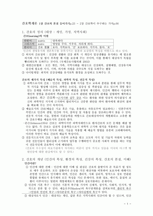 간호학개론 - 1장 간호의 본질 들어가기p.23 ~ 2장 간호학이 추구하는 가치p.66 (간호의 정의, 간호의 개념, 철학의 이해, 철학의 분과들)