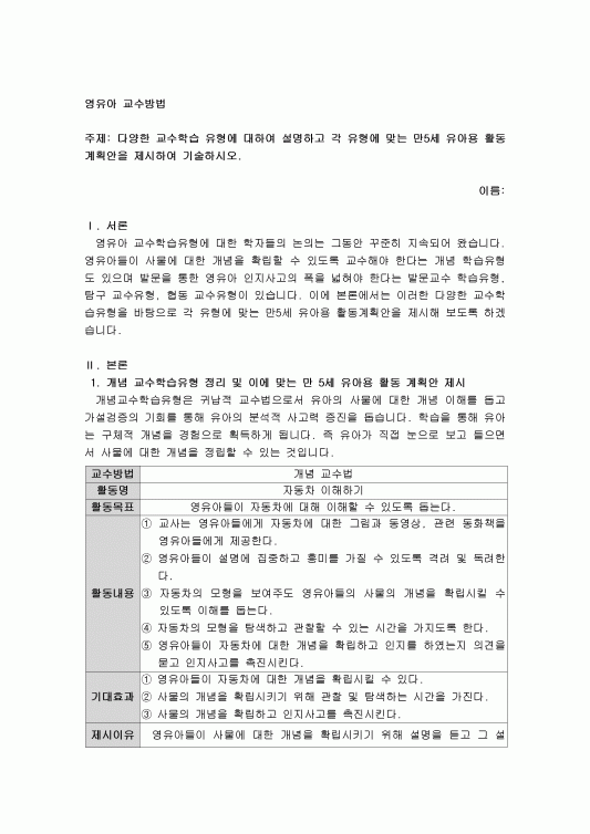 [영유아 교수방법] 다양한 교수학습 유형에 대하여 설명하고 각 유형에 맞는 만5세 유아용 활동 계획안을 제시하여 기술하시오