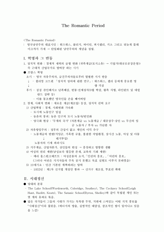 [영문학개관] The Romantic Period 낭만주의 시대 (혁명과 그 반동, 시대정신, 시의 이론과 실제, 개인주의 비순응주의, 묵시록적 기대)