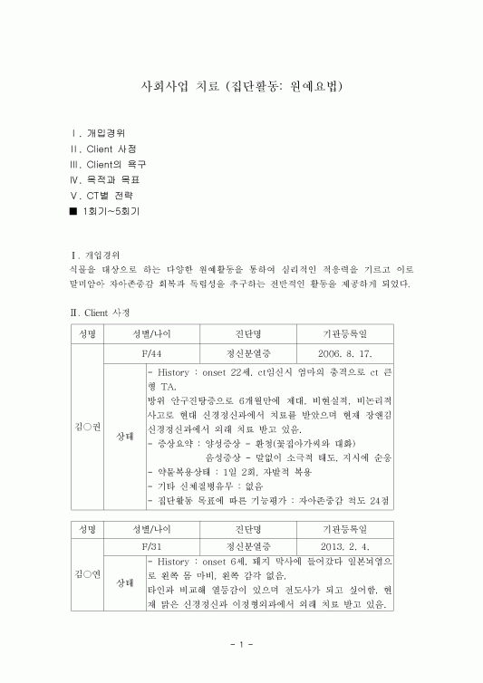 정신장애인 대상 사회복귀시설 집단치료프로그램 프로포절계획서 (원예요법)