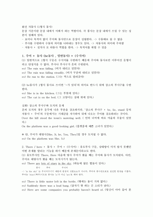 동사 (영문법)에 관한 내용입니다. <주어+동사(1형식에 관한 설명), 주요 자동사 단어,  자동사의 수동의 의미,  타동사 역할을 하는 자동사(숙어)>
