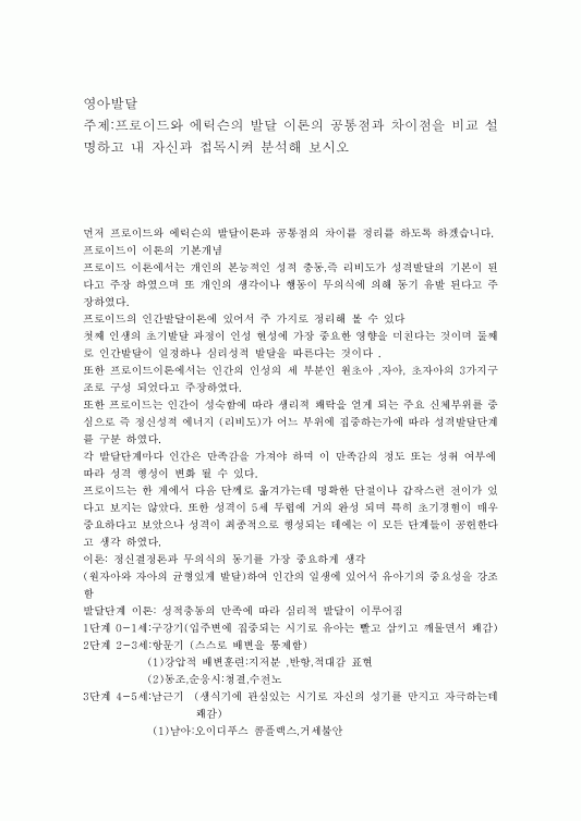 [영아발달] 프로이드(Freud)와 에릭슨(Erikson)의 발달 이론의 공통점과 차이점을 비교 설명하고 내 자신과 접목시켜 분석해보시오