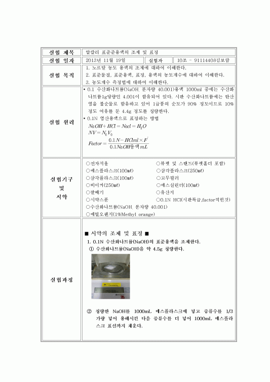 알칼리 표준용액의 조제 및 표정