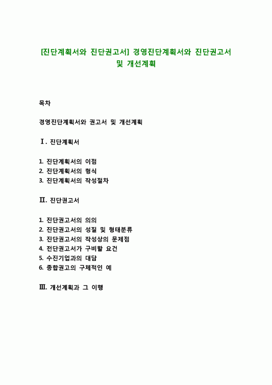 [진단계획서와 진단권고서] 경영진단계획서와 진단권고서 및 개선계획