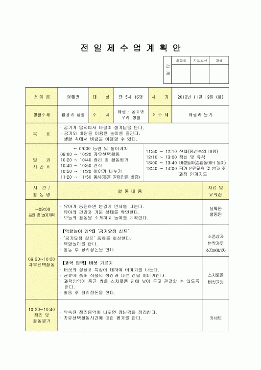 <전일제 수업계획안 및 세부수업계획안> (만 5세) 생활주제 : 환경과 생활 / 주제 : 바람 ․ 공기와 우리 생활 / 소주제 : 바람과 놀기