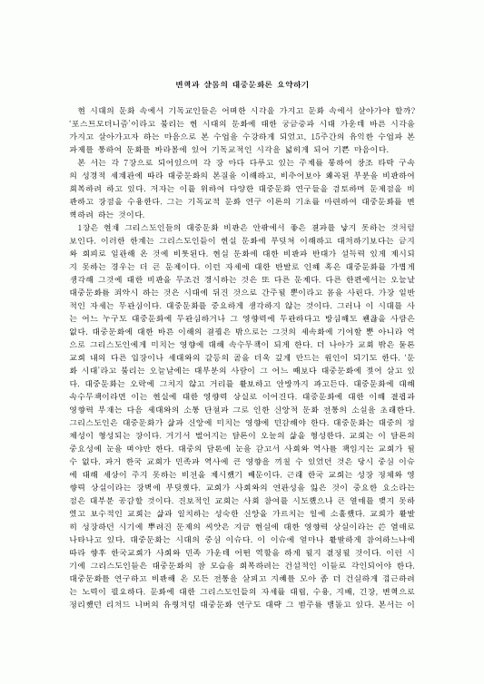 [기독교적 문화 이해와 비평] 변혁과 샬롬의 대중문화론 [요약, 분석] _ 신국원 저