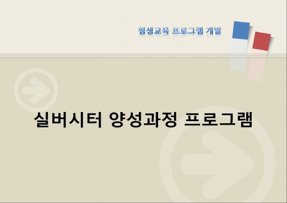 실버시터 양성과정 프로그램 (프로그램 필요성 검토 및 추진, 상황분석 및 고객 분석, 요구분석 평가 및 프로그램 개발, 교육내용 및 교수방법 선정, 자원배분, 홍보 및 평가보고서 작성).pptx