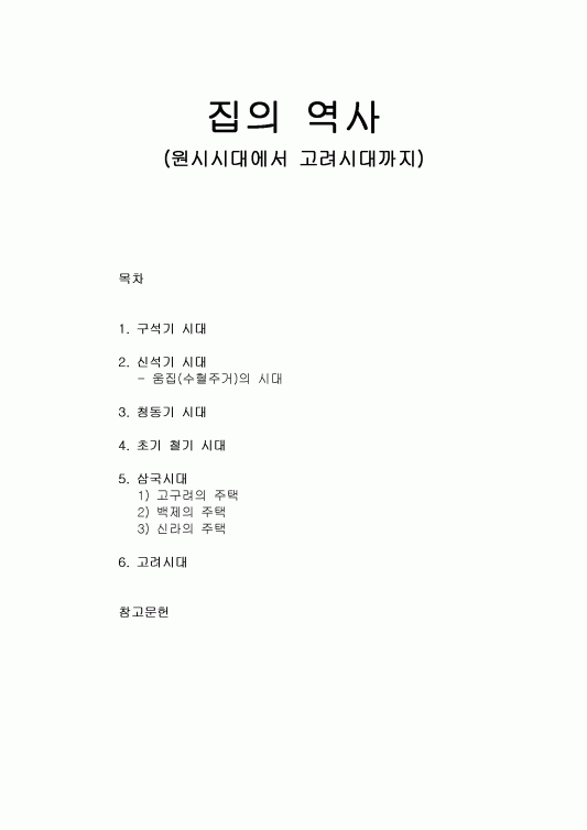 집의 역사 - 구석기 시대, 신석기 시대(움집의 시대), 청동기 시대, 삼국시대(고구려의 주택, 백제의 주택, 신라의 주택), 고려시대