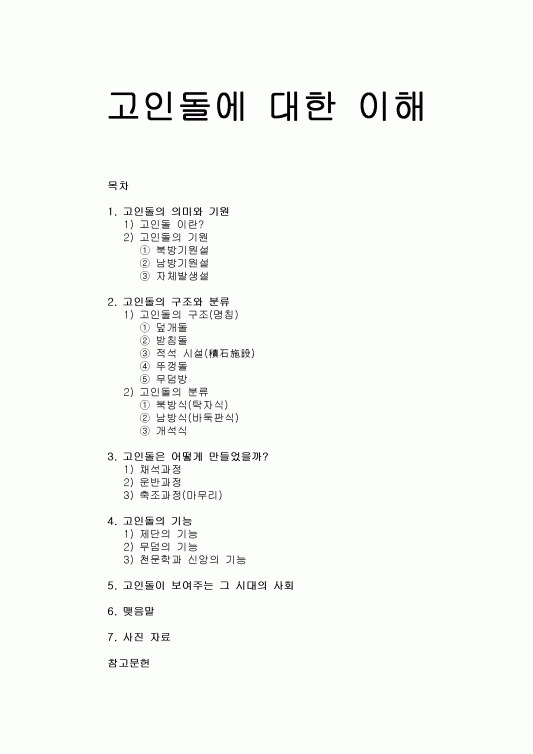 고인돌의 의미와 기원, 고인돌의 구조와 분류, 고인돌의 생성과정(채석과정, 운반과정, 축조과정), 고인돌의 기능, 고인돌이 보여주는 그 시대의 사회