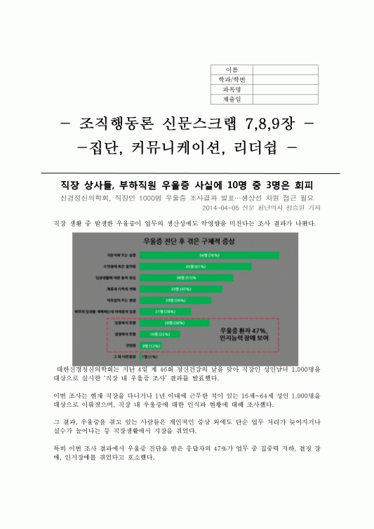 조직행동론 신문스크랩 7,8,9장 - 집단, 커뮤니케이션, 리더쉽