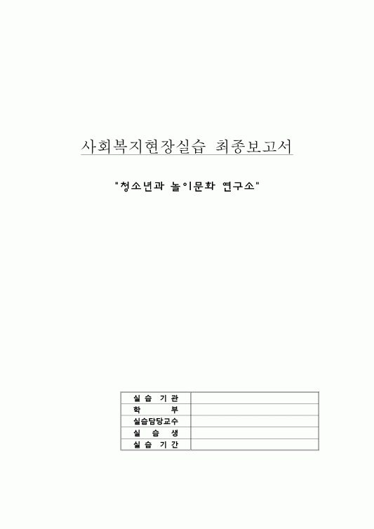 [사회복지현장 실습보고서] “청소년과 놀이문화 연구소” - 청소년과 놀이문화 연구소 현장 실습 보고서 (기관소개, 사업소개, 감상 및 전망)