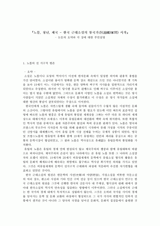 『노블, 청년, 제국 - 한국 근대소설의 통국가간(通國)家間) 시작』 - 논문의 요약과 각 장에 대한 부연설명