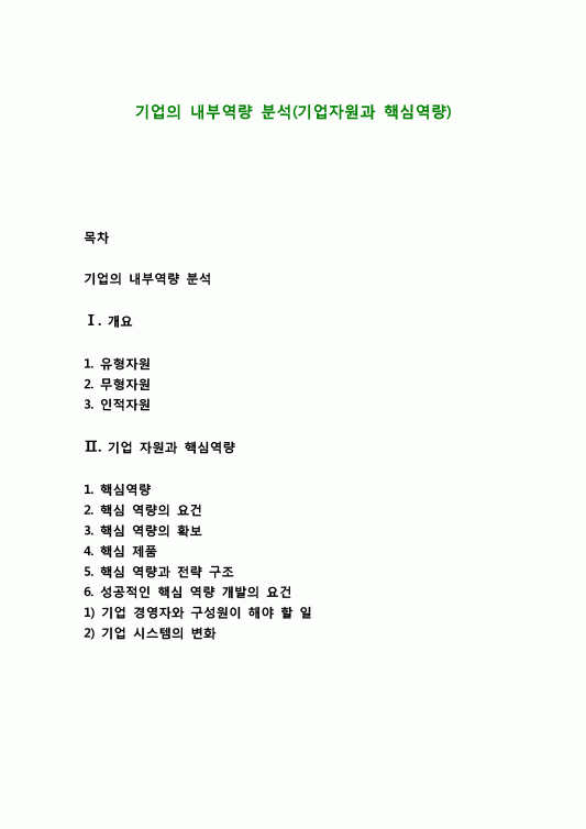 기업의 내부역량 분석 - 기업자원(유형자원, 무형자원, 인적자원)과 핵심역량(핵심 역량의 요건, 핵심 역량의 확보, 핵심 제품, 핵심 역량과 전략 구조, 성공적인 핵심 역량 개발의 요건)