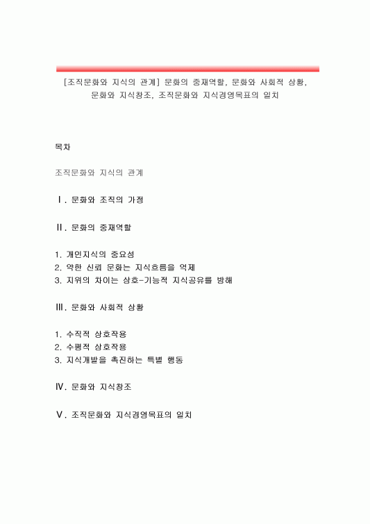 [조직문화와 지식의 관계]  문화와 조직의 가정, 문화의 중재역할, 문화와 사회적 상황, 문화와 지식창조, 조직문화와 지식경영목표의 일치