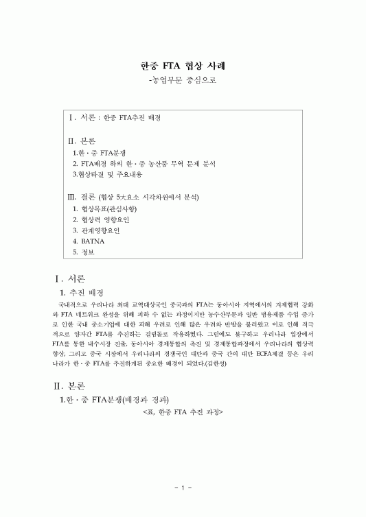한중 FTA 협상 사례-농업부문 중심으로