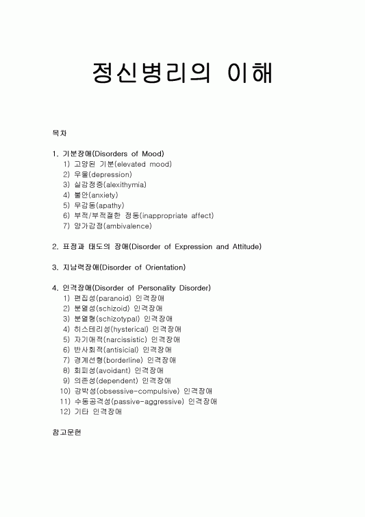 [정신건강론] 정신병리의 이해(기분장애, 표정과 태도의 장애, 지남력장애, 인격장애)