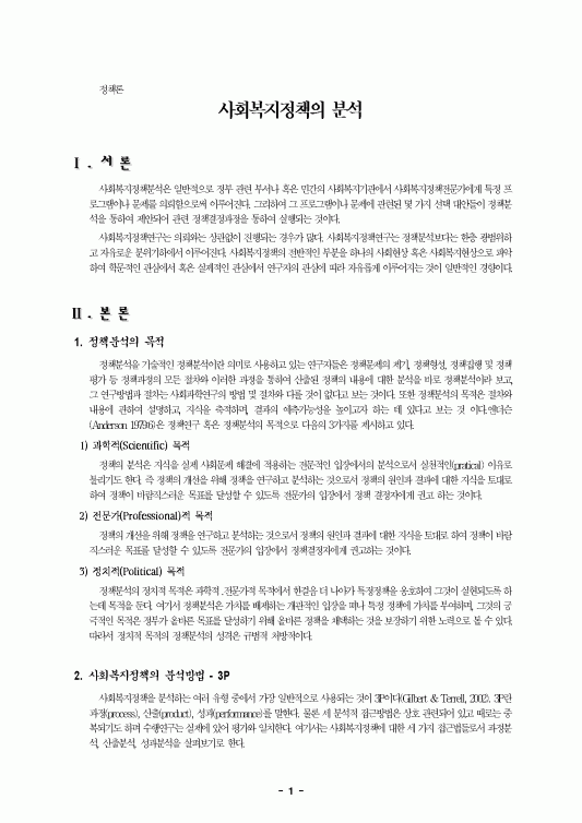 [사회복지정책론] 사회복지정책의 분석 (정책분석의 목적, 회복지정책의 분석방법 - 3P, 사회복지정책 분석틀)