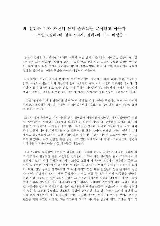 영화 정혜, 문학과의 비교 비평문.