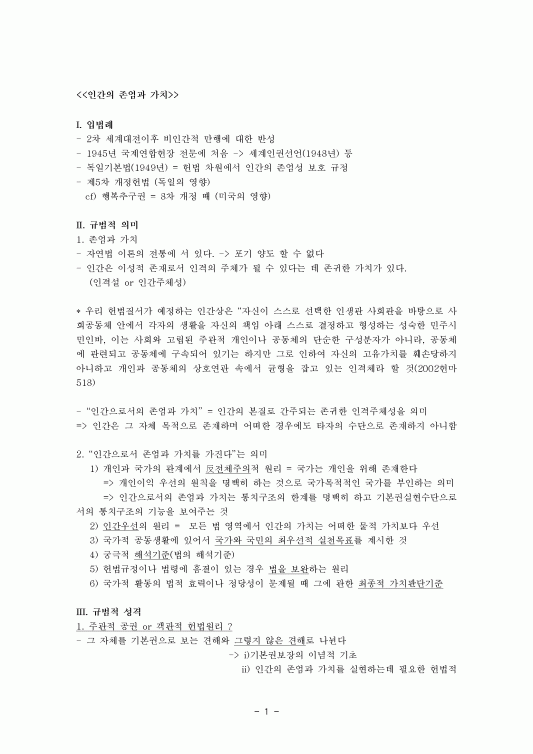 인간의 존엄과 가치에 관한 정리 (헌법 제10조를 중심으로)