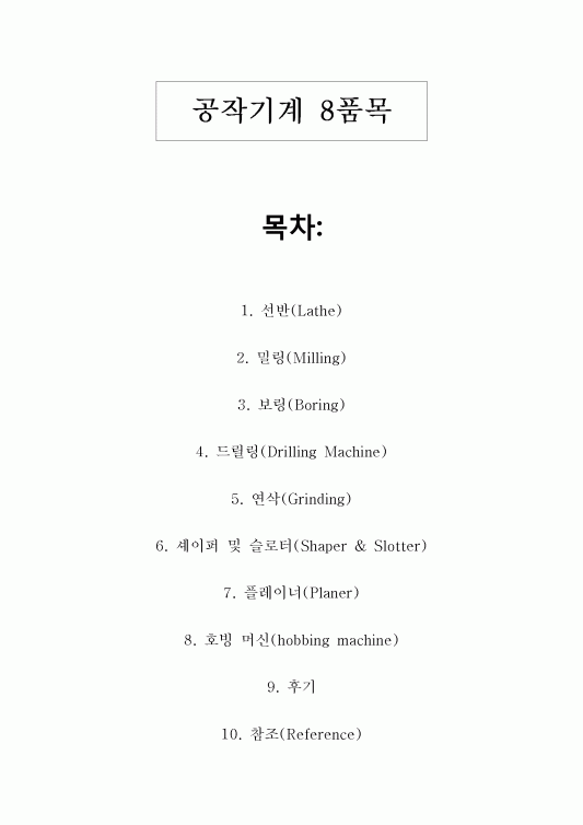 기계공작법 공작기계 8품목 조사 (선반(Lathe), 밀링(Milling), 보링(Boring), 드릴링(Drilling Machine), 연삭(Grinding), 셰이퍼 및 슬로터(Shaper & Slotter), 플레이너(Planer), 호빙 머신(hobbing machine))