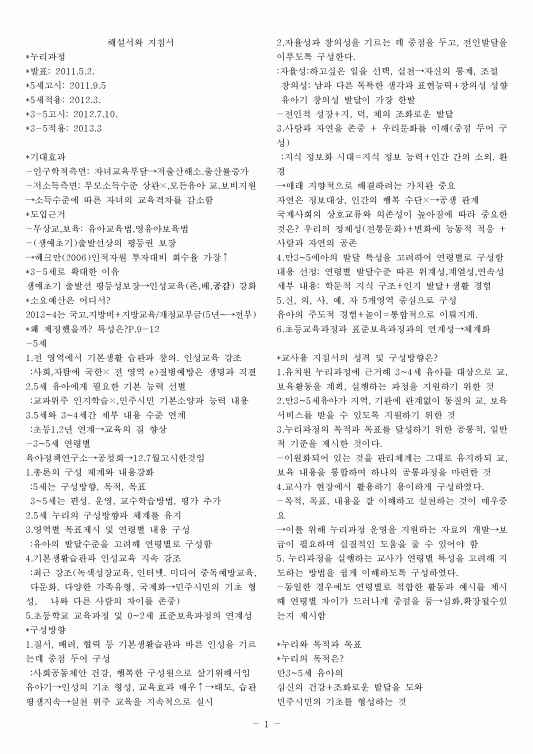 유치원 누리과정 해설서와 지침서 요약 (임용고시,누리과정,해설서,지침서)