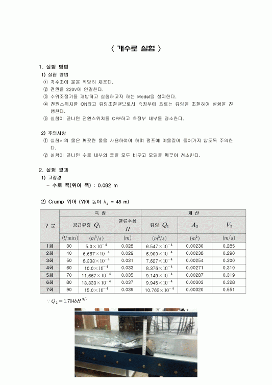 수리학 결과 < 개수로 실험 >