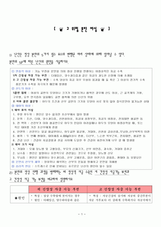 고위험 분만 여성에 대한 자료 요약 정리본입니다^^