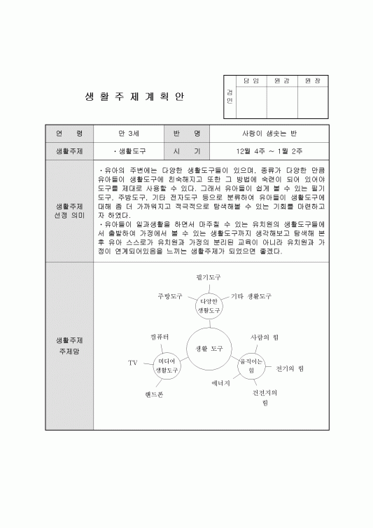 (만3세) 월별 생활주제계획안 (생활도구,겨울방학,형님반이 되어요,유치원과 친구,봄,동식물과 자연,가족,우리 동네,건강과 안전,여름,교통기관,즐거웠던 여름방학,우리나라,가을,그림책과 장난감,색깔과 모양,겨울)