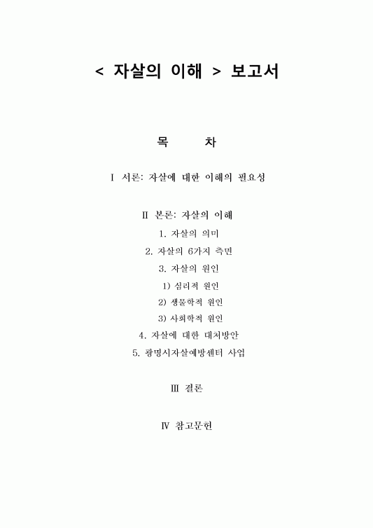 자살의 이해 (자살에 대한 이해의 필요성, 자살의 의미, 자살의 6가지 측면, 자살의 원인, 자살에 대한 대처방안, 광명시자살예방센터 사업)