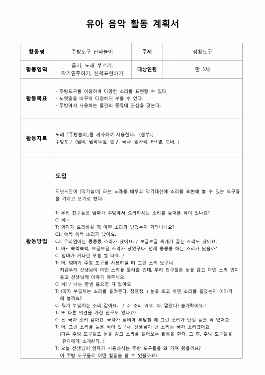 주방에서 사용하는 도구를 이용한 유아 악기놀이 계획안 [유아음악] (만 5세) - 활동명 : 주방도구 난타놀이 / 주제 : 생활도구 / 활동영역 : 듣기, 노래 부르기, 악기연주하기, 신체표현하기