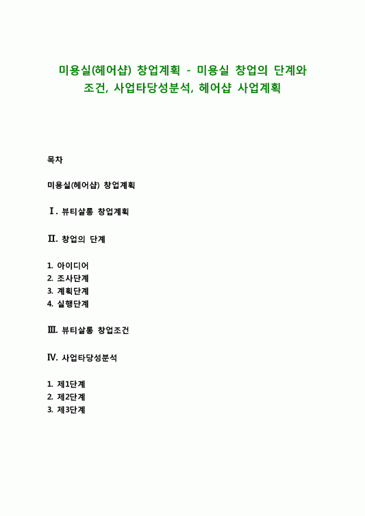 미용실(헤어샵) 창업계획 - 미용실 창업의 단계와 조건, 사업타당성분석, 헤어샵 사업계획, 뷰티살롱 창업조건