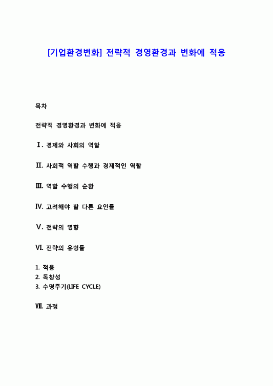 [기업환경변화] 전략적 경영환경과 변화에 적응 (경제와 사회의 역할, 사회적 역할 수행과 경제적인 역할, 역할 수행의 순환, 고려해야 할 다른 요인들, 전략의 영향, 전략의 유형들, 과정)