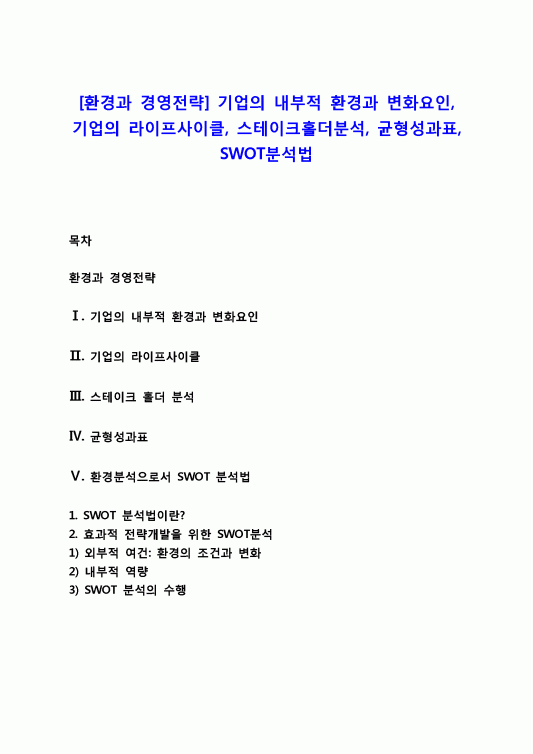 [환경과 경영전략] 기업의 내부적 환경과 변화요인, 기업의 라이프사이클, 스테이크홀더분석, 균형성과표, 환경분석으로서 SWOT 분석법