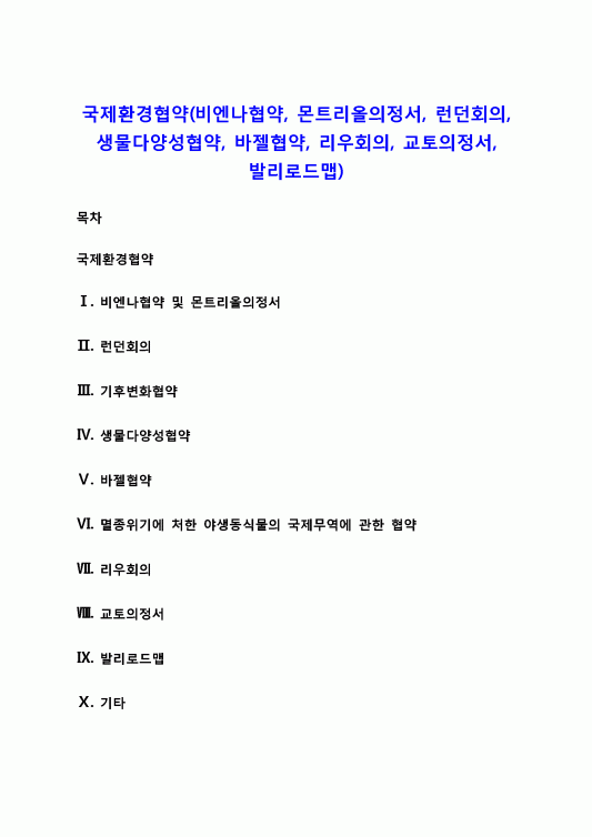 국제환경협약 (비엔나협약, 몬트리올의정서, 런던회의, 생물다양성협약, 바젤협약, 리우회의, 교토의정서, 발리로드맵, 기후변화협약)