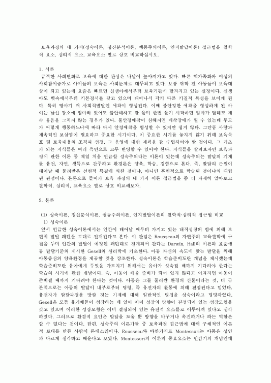 보육과정의 네 가지(성숙이론, 정신분석이론, 행동주의이론, 인지발달이론) 접근법을 철학적 요소, 심리적 요소, 교육요소 별로 상호 비교하십시오.